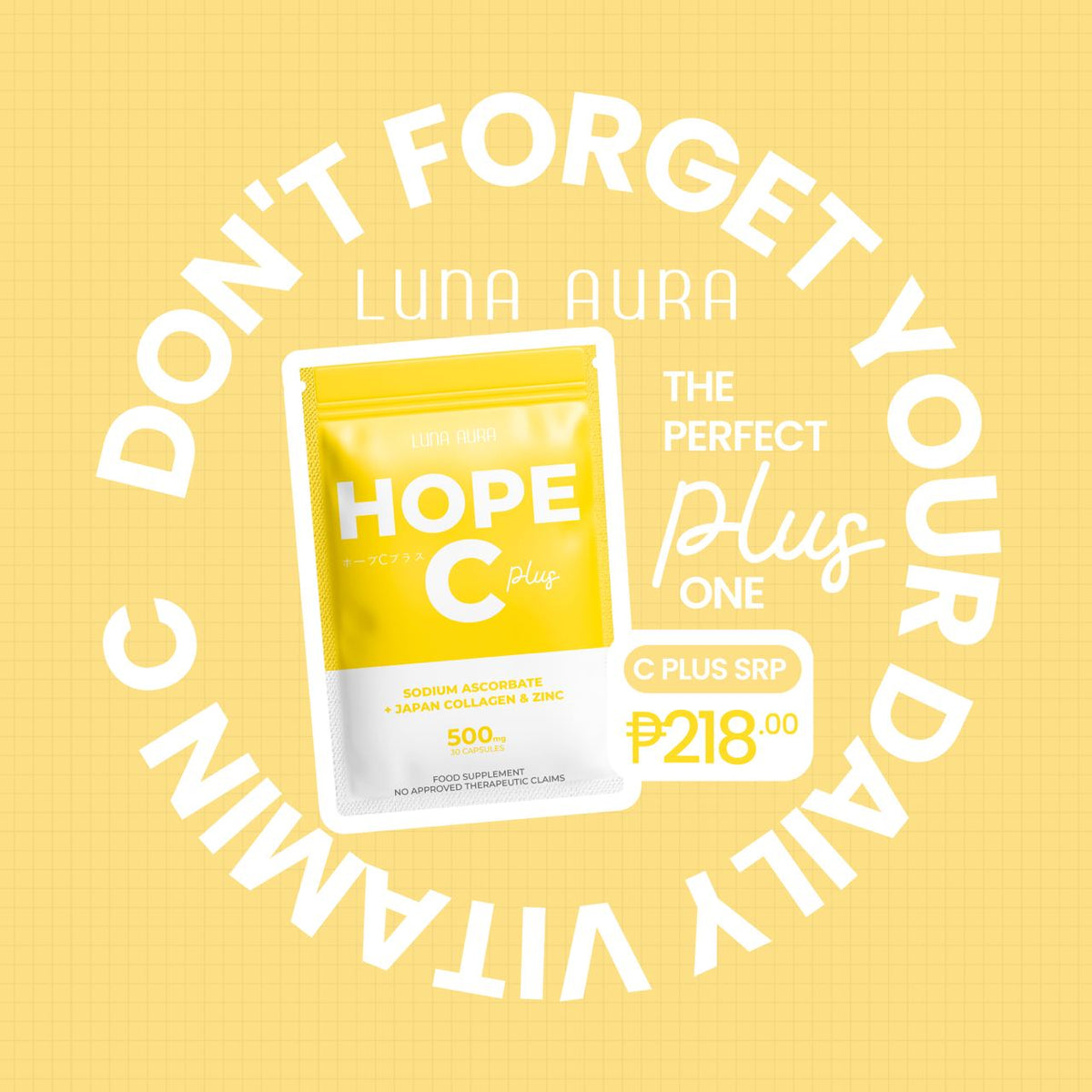 Luna Aura Hope C Vitamin C + Japan Collagen & Zinc (30 Caps, 500mg ...